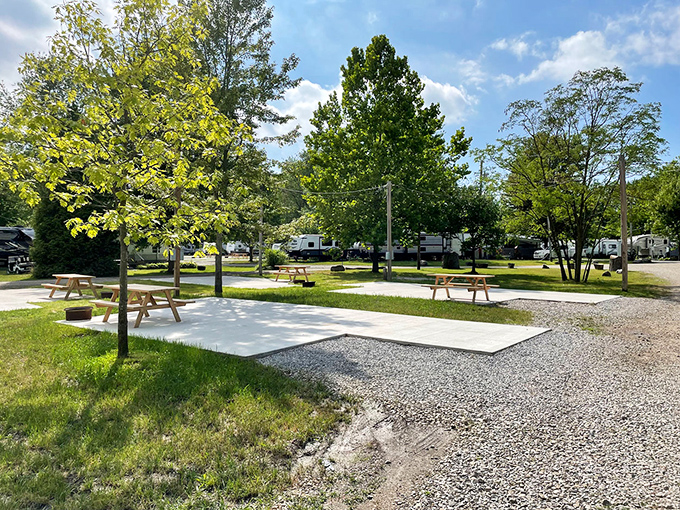 Picnic tables waiting patiently for summer gatherings under young trees. This RV park understands that camping is better with a touch of civilization. 