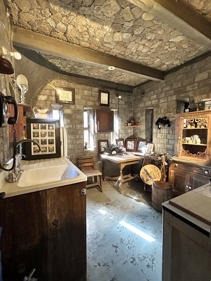 The castle's interior spaces blend rustic charm with practical modern touches—medieval aesthetics with the blessed addition of indoor plumbing.