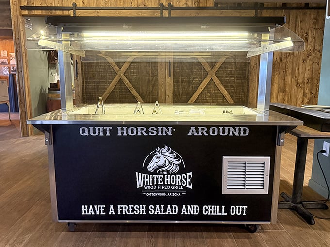 "Quit Horsin' Around"—sage advice from a salad bar that promises to balance out your carnivorous adventures with some green redemption.