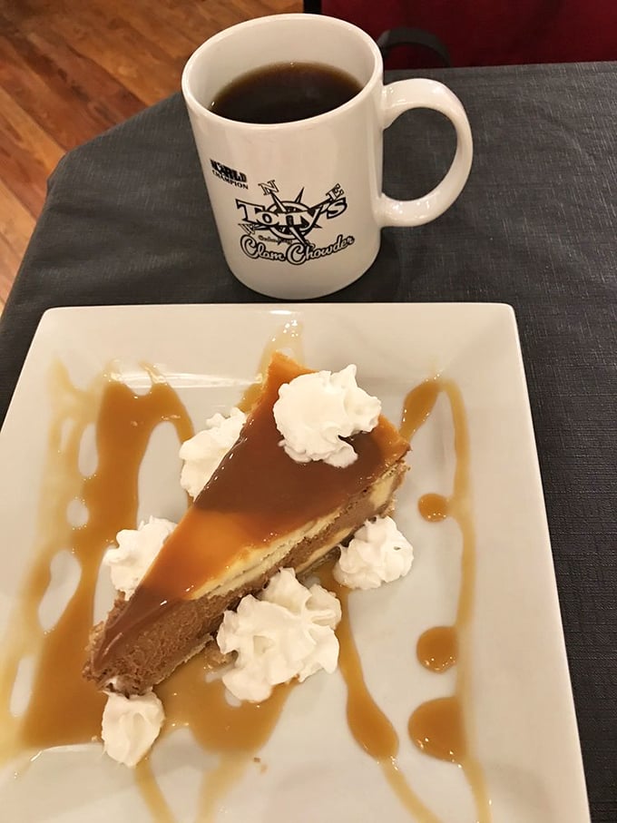 Whoever said you can't find great dessert at a seafood joint never met this salted caramel cheesecake—the perfect finale to a maritime feast.