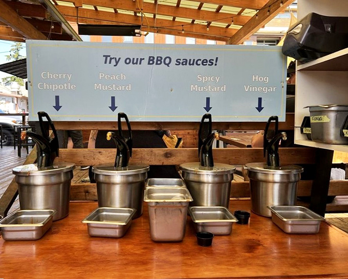 BBQ sauce station that proves variety is the spice of life. From cherry chipotle to hog vinegar, each pump offers a different dimension.