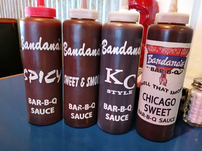 The sauce lineup reads like a barbecue geography lesson – Spicy, Sweet & Smoky, KC Style, and Chicago Sweet – each bottle a different passport to flavor country.