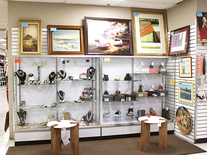 Behind glass cases, vintage jewelry and collectibles whisper stories of previous owners and bygone celebrations.