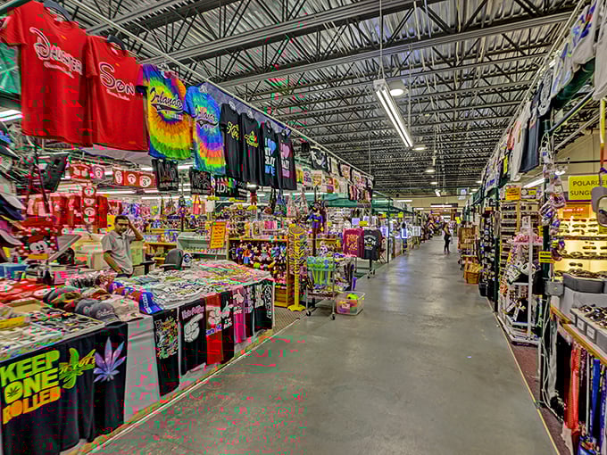 A shopper's wonderland stretches into the distance, where tie-dye meets Mickey Mouse in a retail universe that defies categorization and encourages exploration.