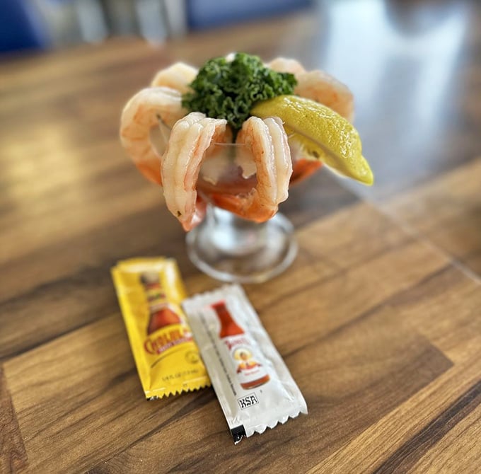 Shrimp cocktail presented with the elegance of a seaside soirée, minus the pretense.