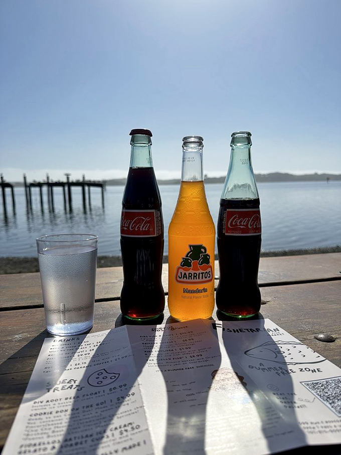 The perfect seaside tableau—cold drinks, menus catching the breeze, and that view of Bodega Bay that no interior designer could ever replicate.