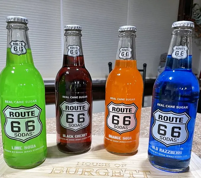 Route 66 sodas in colors not found in nature—proving that sometimes the journey to flavor town requires a technicolor roadmap.