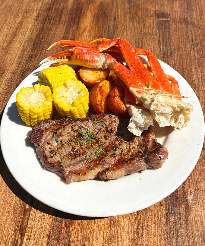 The perfect surf and turf doesn't exi— Oh wait, here it is: juicy steak, sweet crab legs, and corn that tastes like summer sunshine.