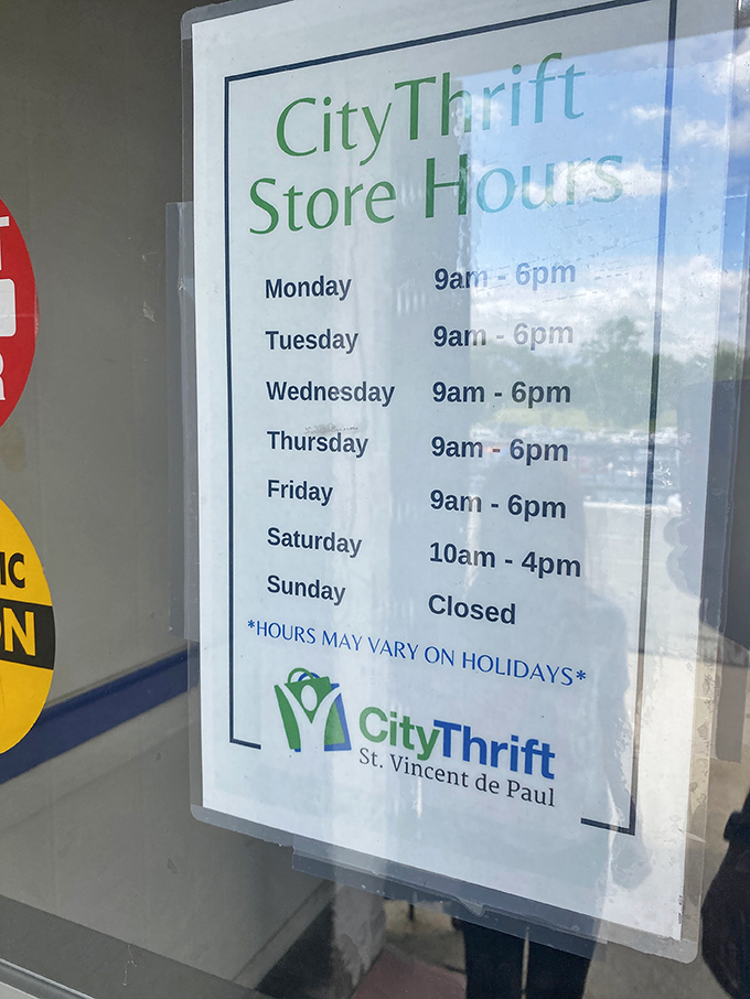 Business hours posted clearly – crucial intel for planning your thrifting missions. Mark your calendars, bargain warriors!