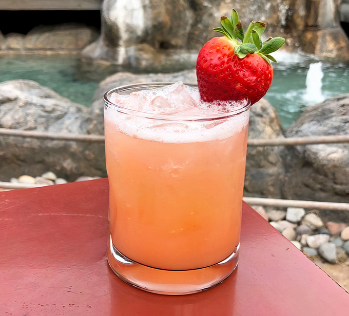 This strawberry margarita isn't just a drink—it's a vacation in a glass. The perfect companion while watching the restaurant's waterfall feature.