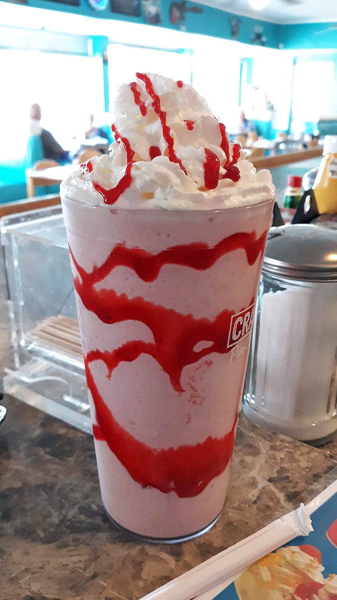 This strawberry milkshake isn't just a beverage – it's what childhood dreams taste like, only better because now you can order one whenever you want.