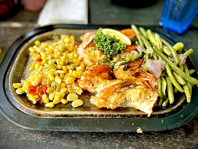 The Southern corn medley alongside perfectly cooked shrimp proves vegetables can be more than just an obligation on your plate.
