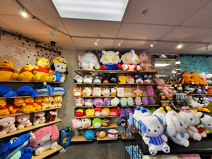 Plush paradise! This stuffed animal wonderland would make even the most stoic adult consider whether they need a Winnie the Pooh for their office.