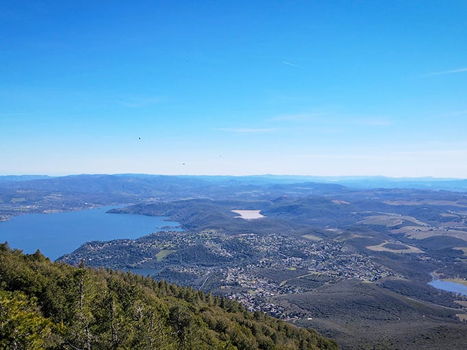 Summit views that make the hike worthwhile! Mount Konocti rewards climbers with this spectacular Clear Lake panorama—nature's version of the corner office.