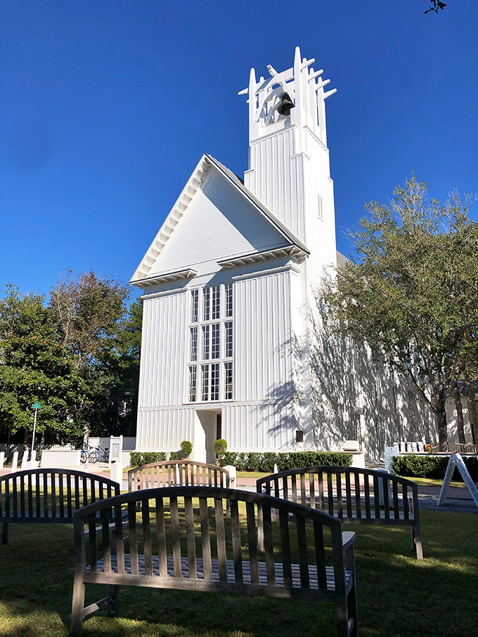 The Chapel at Seaside stands like a pristine white exclamation point against the blue sky. Architectural simplicity that somehow manages to take your breath away.