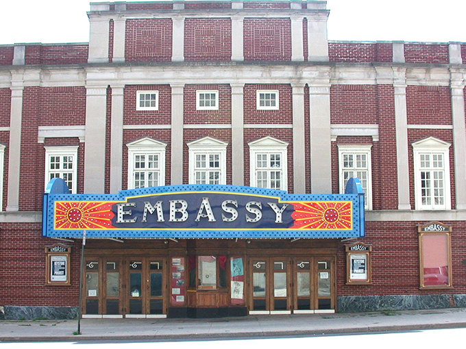 The Embassy Theatre's vintage marquee promises entertainment the old-fashioned way—no streaming subscriptions required, just genuine community gathering.