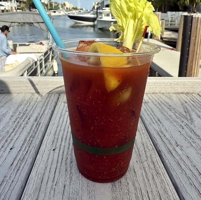 A Bloody Mary with a view—spicy, strong, and garnished with celery that actually serves a purpose. Breakfast of champions, Florida-style.