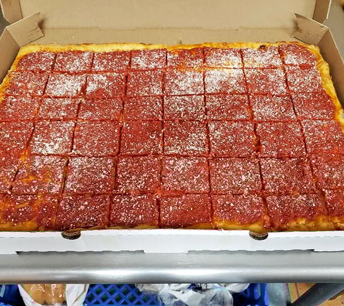 Square slices of tomato pie waiting to be devoured – Pennsylvania's answer to pizza that makes you question why you'd eat it any other way.