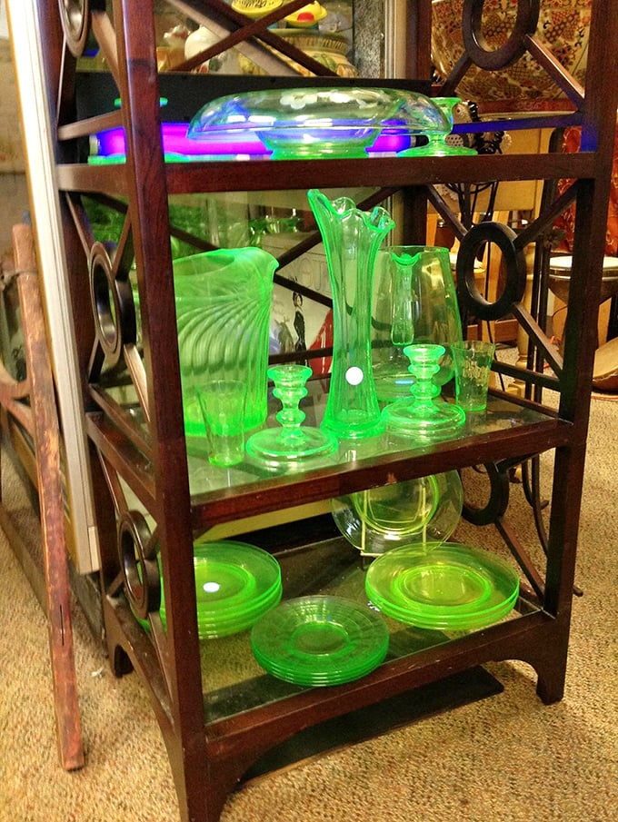 That eerie green glow isn't from aliens—it's uranium glass catching the light. The Geiger counter stays silent while your wallet might not.