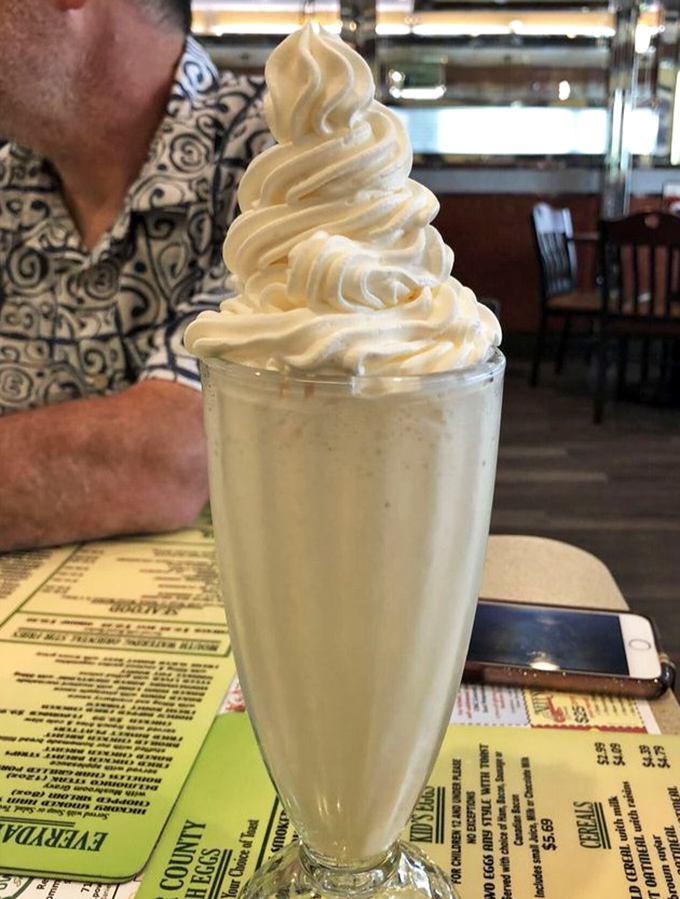 That's not just a milkshake—it's a monument to dairy perfection. The whipped cream tower demands respect and a spoon backup plan. 
