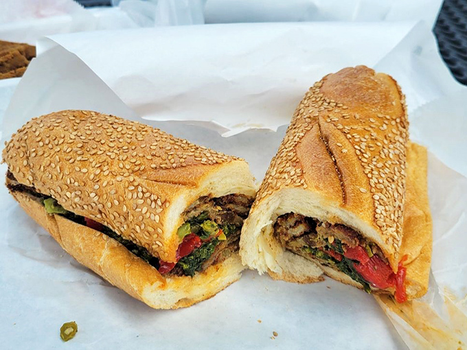 This veggie hoagie proves Philadelphia isn't all about meat. The crusty sesame roll cradles fresh vegetables and seasonings with surprising harmony.