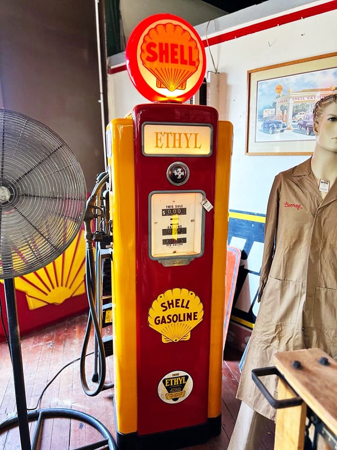 This isn't just a gas pump; it's a gleaming red and yellow time portal to when service stations had attendants and "fill 'er up" was the phrase du jour.