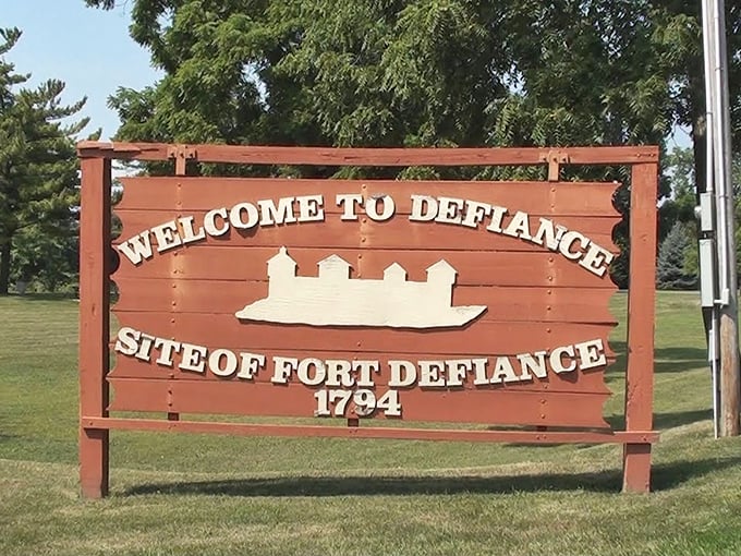 "Welcome to Defiance"—where the town sign tells you exactly what you need to know: this place has been standing its ground since 1794.