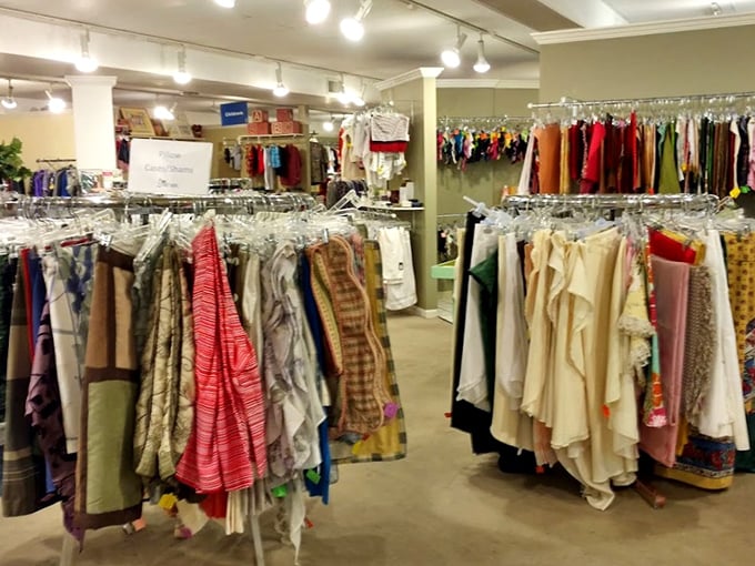 The clothing section proves fashion cycles faster than a washing machine—yesterday's castoffs become tomorrow's vintage finds with just a little patience.