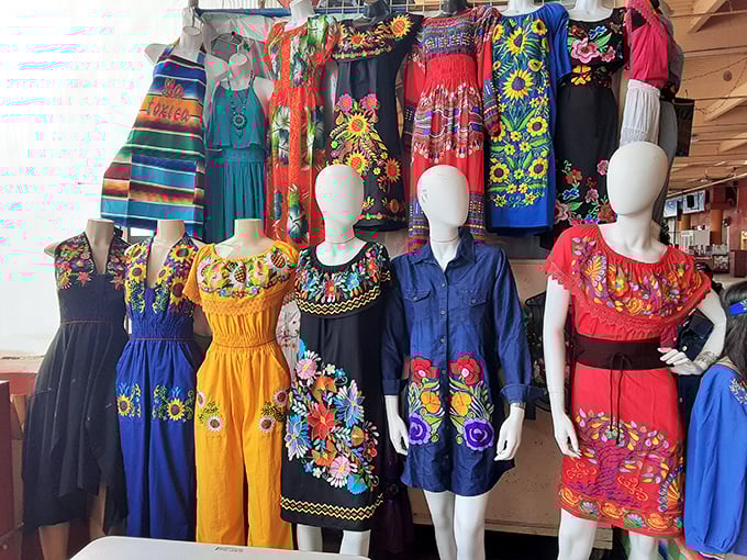 A riot of embroidered color! These traditional Mexican dresses transform ordinary errands into impromptu fiestas—grocery shopping has never looked so festive.