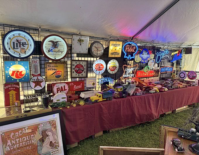 Neon signs and vintage clocks—the ultimate man cave starter kit. Time literally stands still in this corner of collectible Americana.