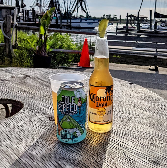 Cold beer with a water view—nature's perfect pairing for seafood. Shem Creek provides the backdrop for simple pleasures done right.