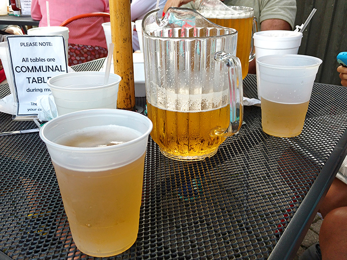 Cold beer and good company—the universal language of relaxation that translates perfectly to "you're not leaving anytime soon."