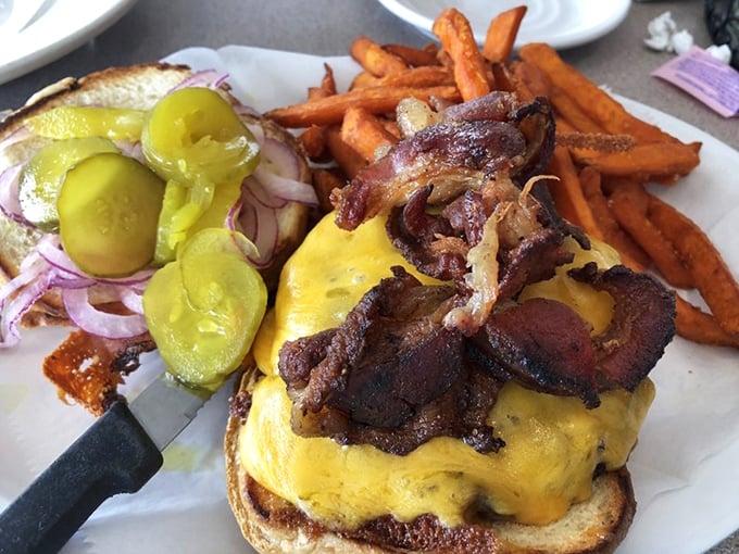 The cheeseburger that answers the eternal question: "Why diet when food tastes this good?" Complete with sweet potato fries for balance, naturally.