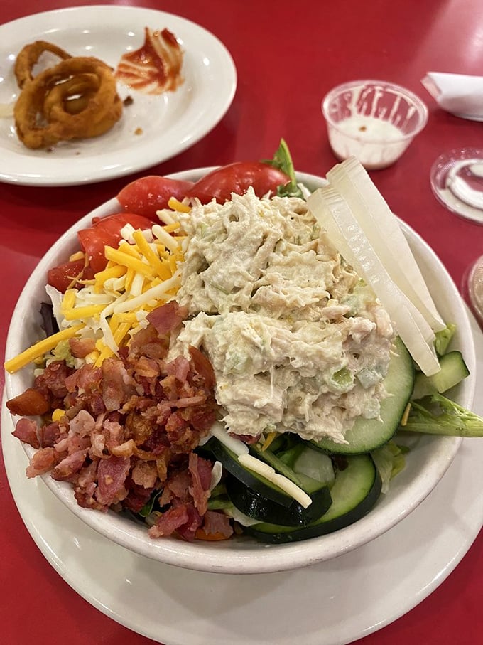 Fresh chicken salad loaded with crispy bacon – a salad so good it makes vegetables seem like a brilliant idea.