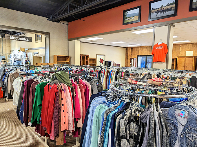 Color-coded clothing racks create a retail-like experience, minus the retail prices that would normally have your credit card cowering in fear.