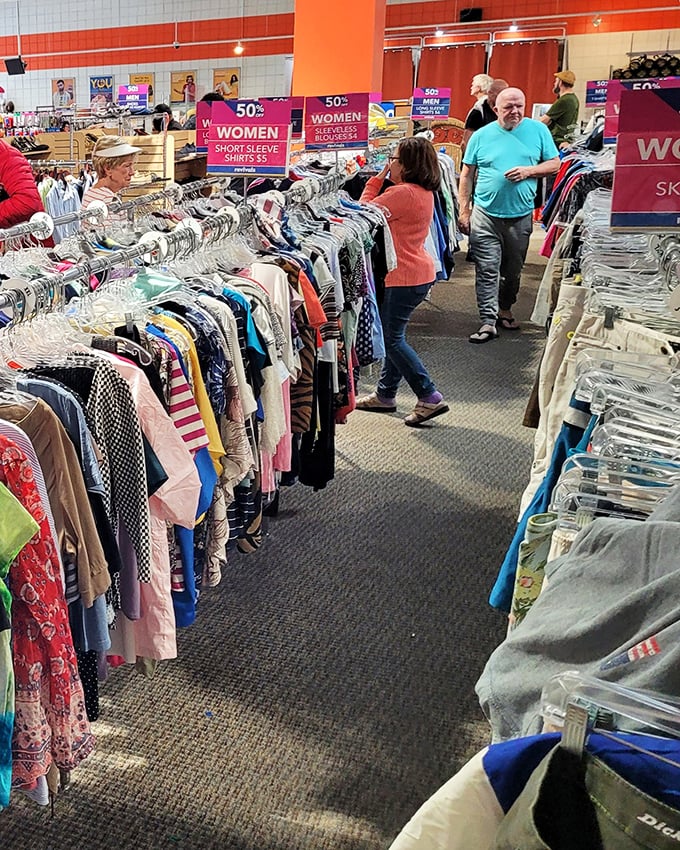 Fashionistas on a budget navigate the meticulously organized clothing section. Those 50% off signs are the thrill-seeker's equivalent of "Free Candy."