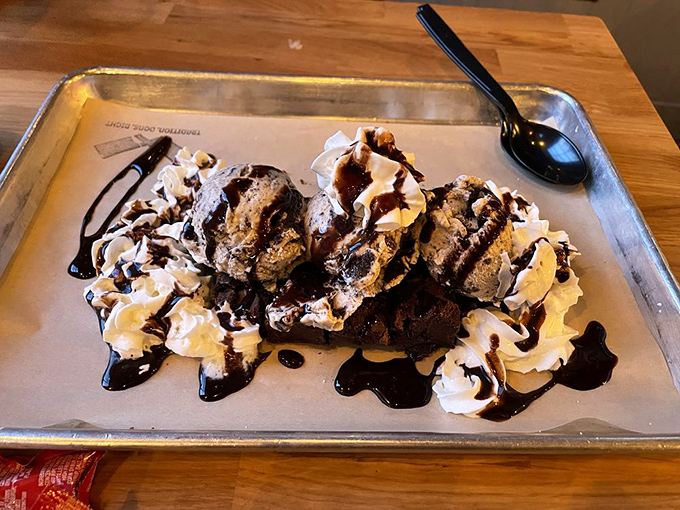 Warm cookies drowning in cream and chocolate sauce—because after conquering Mount BBQ, you deserve a sweet victory celebration.