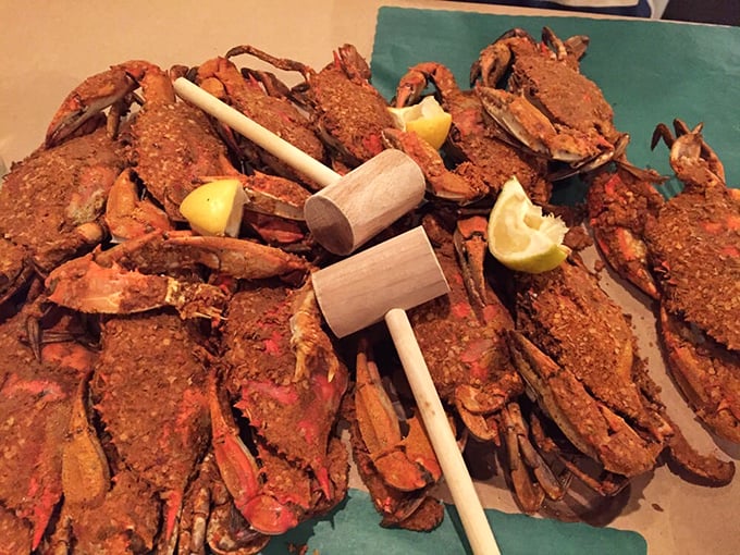The traditional Maryland crab feast—where getting messy is not just expected, it's practically mandatory. Grab your mallet and dig in!
