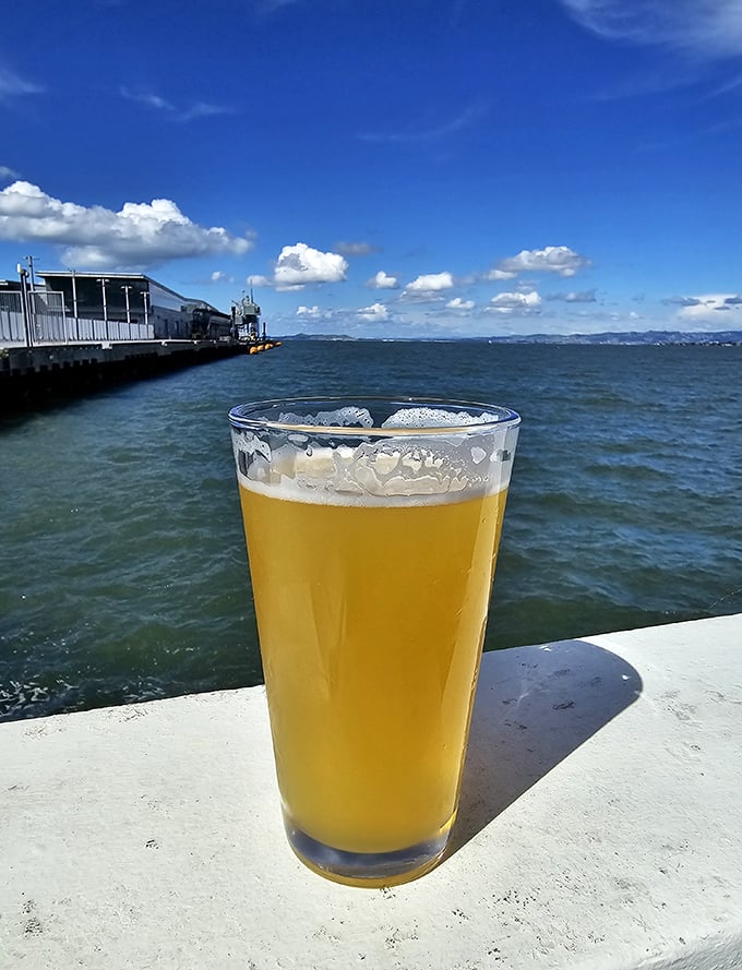 A golden beer catching sunlight with the San Francisco Bay as backdrop—some moments are so perfect they make you question why you'd live anywhere else.