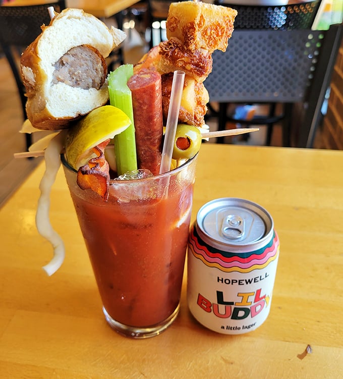 Not just a Bloody Mary—it's a liquid brunch with enough garnishes to count as a full meal and possibly tomorrow's lunch