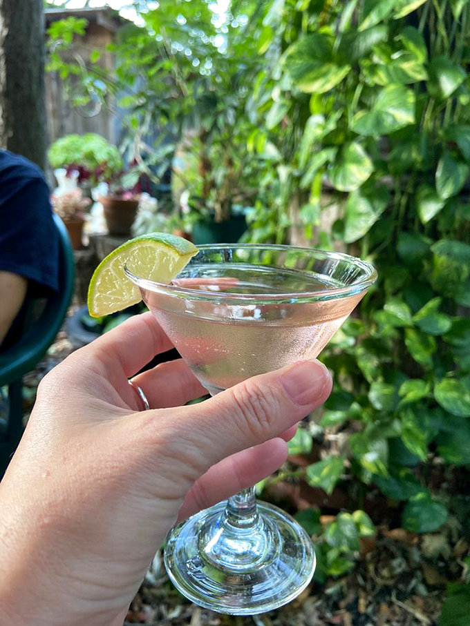 Holding this crystal-clear cocktail against the lush biergarten backdrop feels like capturing summer in a glass—complete with that essential lime punctuation mark.