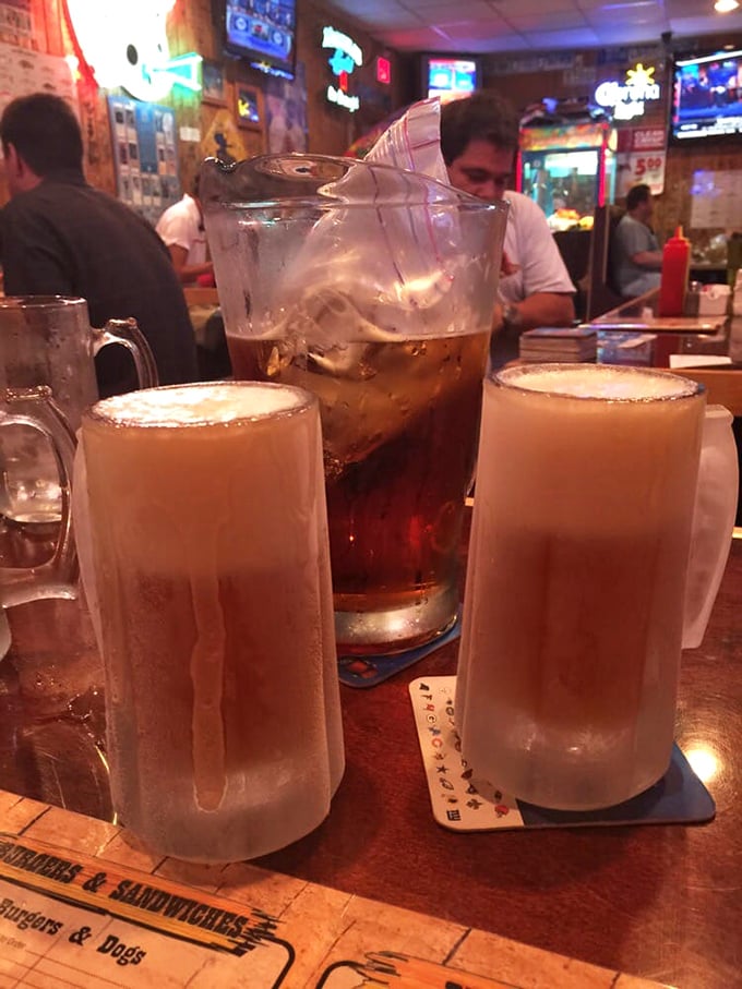 Frosty mugs and pitchers of beer—the universal language of "relax, you've found your people" in neighborhood pubs everywhere.