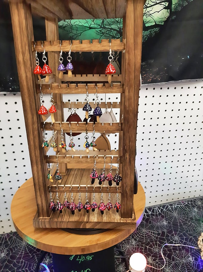 These aren't just mushroom earrings—they're tiny wearable art pieces, handcrafted and displayed with the care of precious gems despite their whimsical nature.