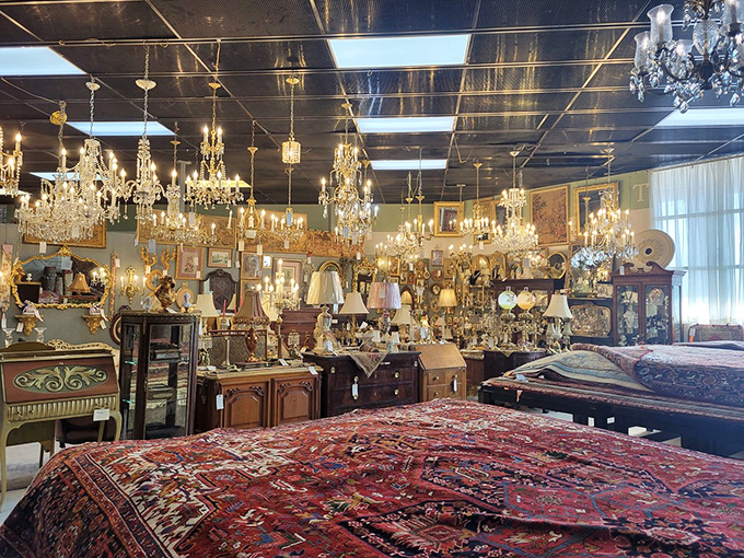 Chandelier heaven! This dazzling display would make Liberace himself pause in admiration – more crystal than a Swarovski factory explosion.