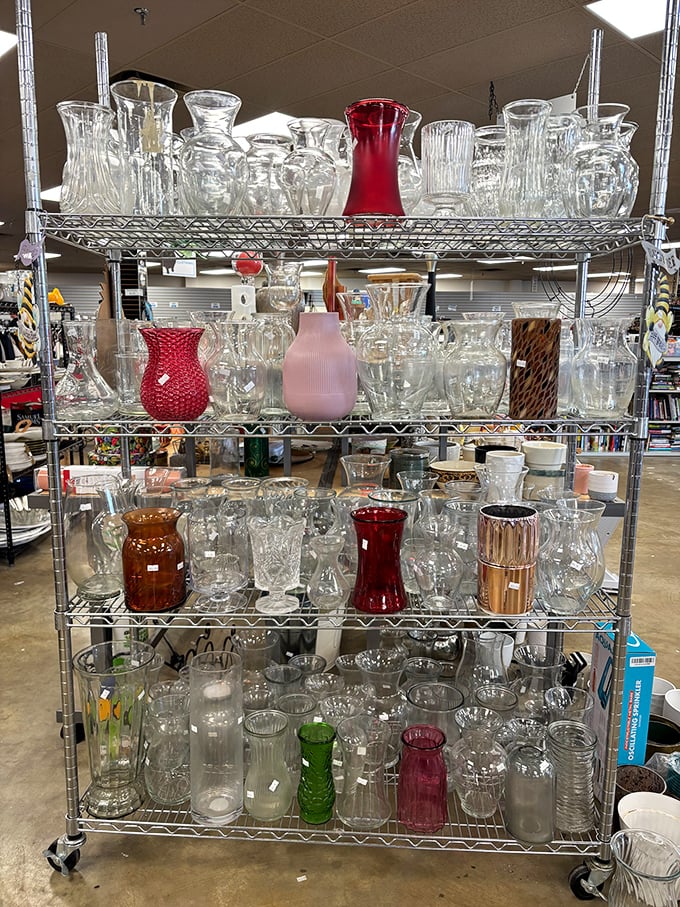 Crystal palace! One person's excess vase collection becomes another's dining room conversation piece—that red one is calling my name.