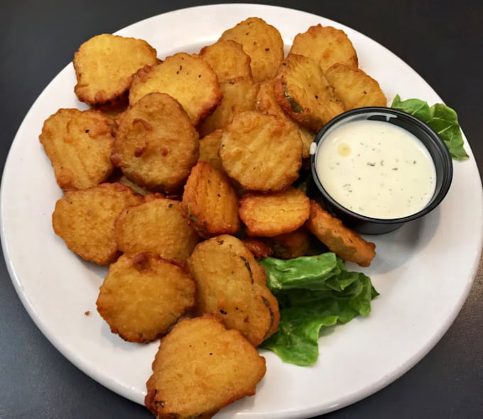 Golden-fried pickle chips: proof that anything becomes magical when properly battered and introduced to hot oil.
