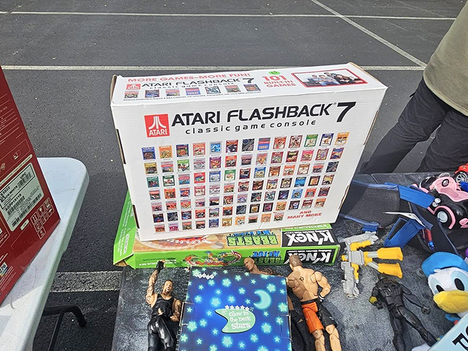 Gaming history packaged in modern nostalgia—the Atari Flashback 7 bridges generations. Parents point excitedly: "This is what we had before PlayStation!"