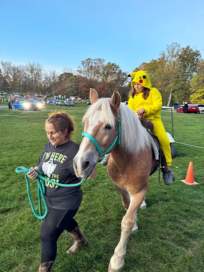 Halloween at the drive-in takes an equestrian turn! A Pikachu-costumed rider proves there's more to Becky's special events than just movies.