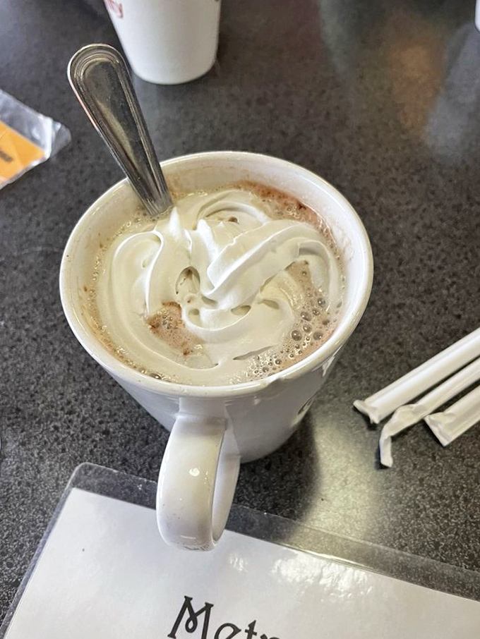 Hot chocolate that doesn't just warm your hands but your soul – topped with a cloud of whipped cream that defies gravity.