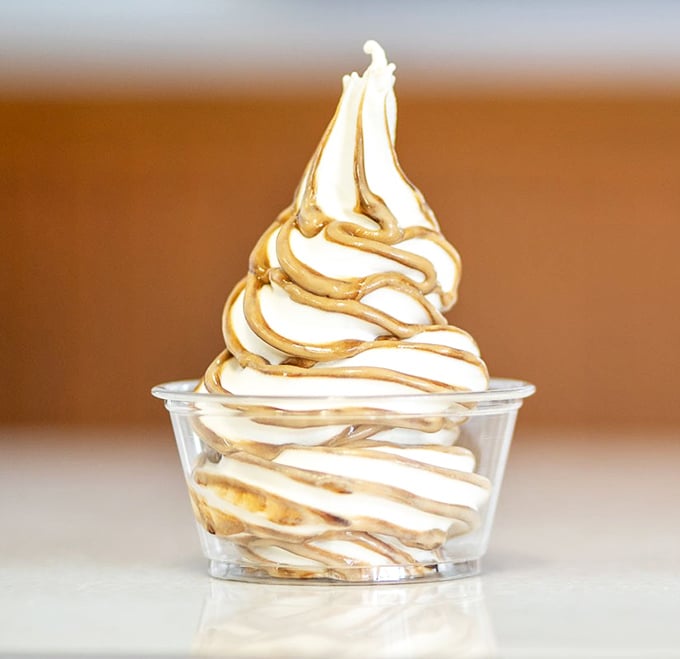 Soft-serve perfection with caramel ribbons—proof that sometimes the simplest desserts deliver the most satisfying finale to a hearty meal.